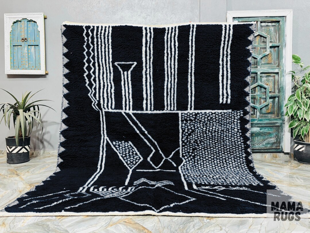 Moroccan Black Rug - Modern Black Rug - Plain Black Rug - Wool Berber ...