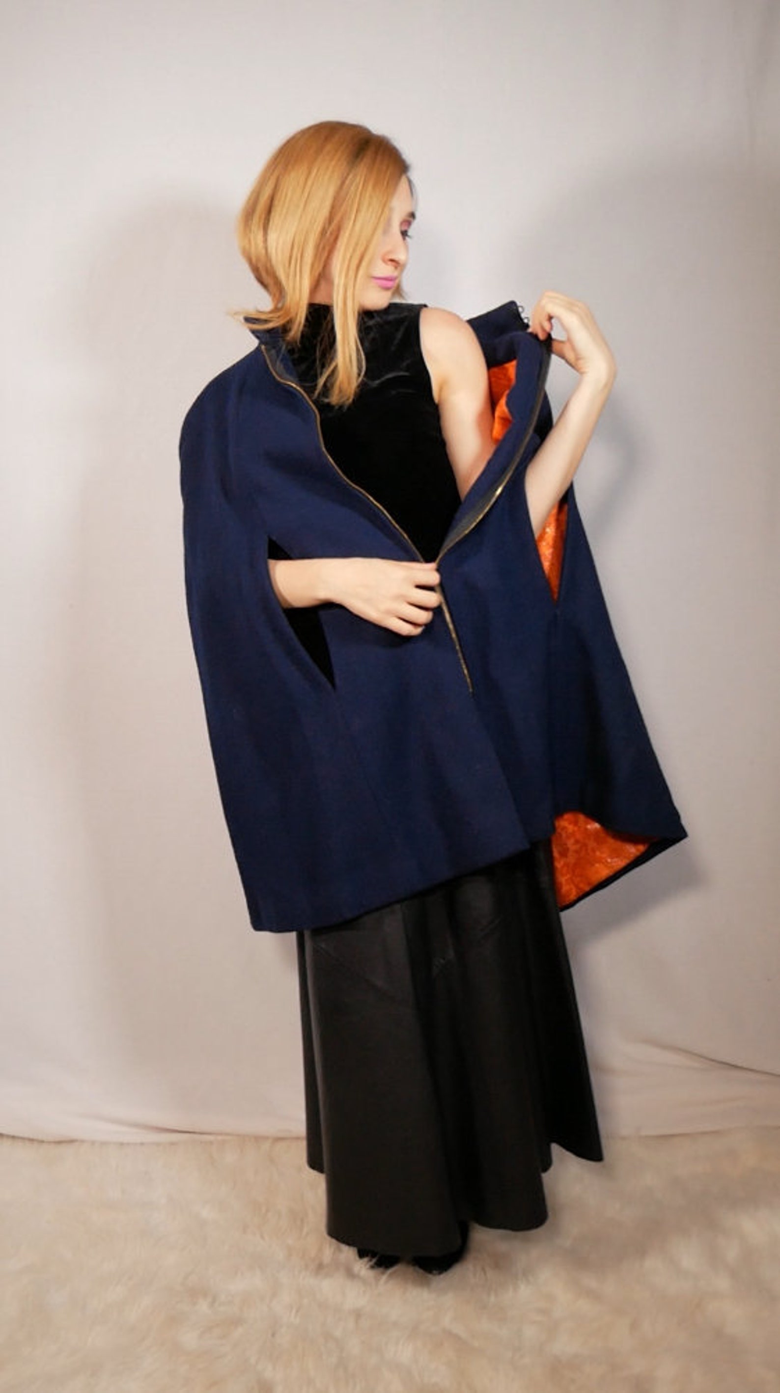 Dark Blue Cosplay Cape Orange Sparkley Lining - Etsy