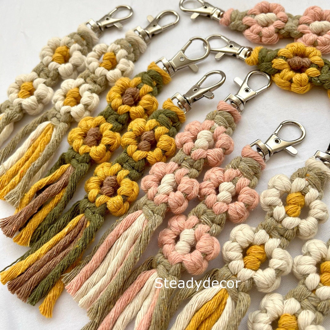 Mini Flower Keychain Macrame Keyring Floral, Small Custom Colour Boho ...