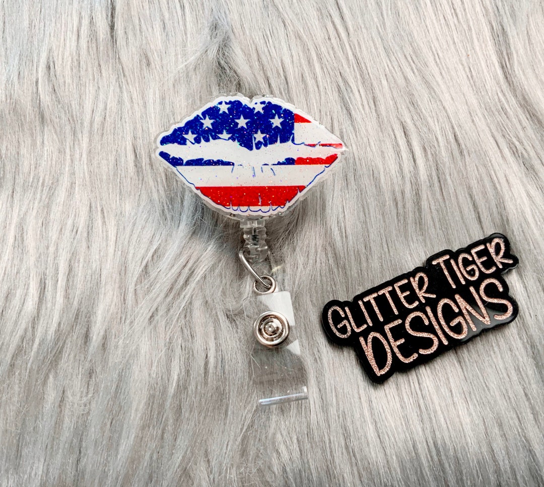 Patriotic Lips Badge Reel: 4th of July USA Acrylic Badge - Etsy