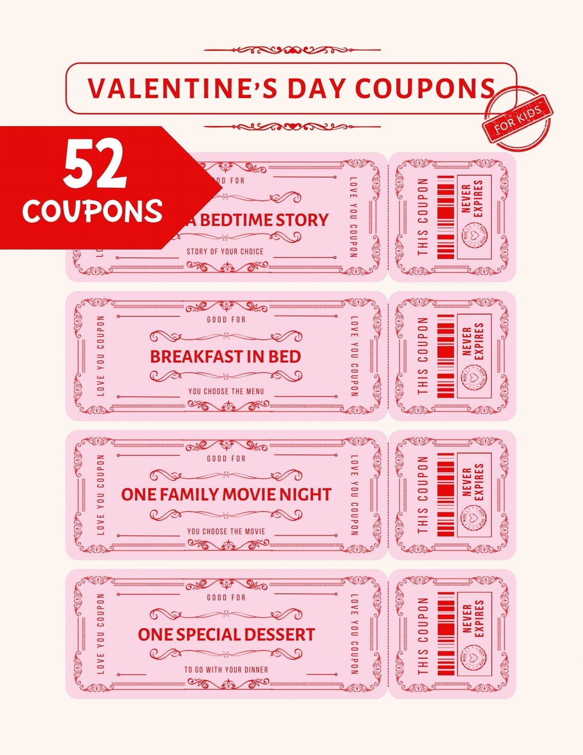 Kid's Valentine's Day Coupons, V-day Coupons, 52 Weeks Valentine's ...