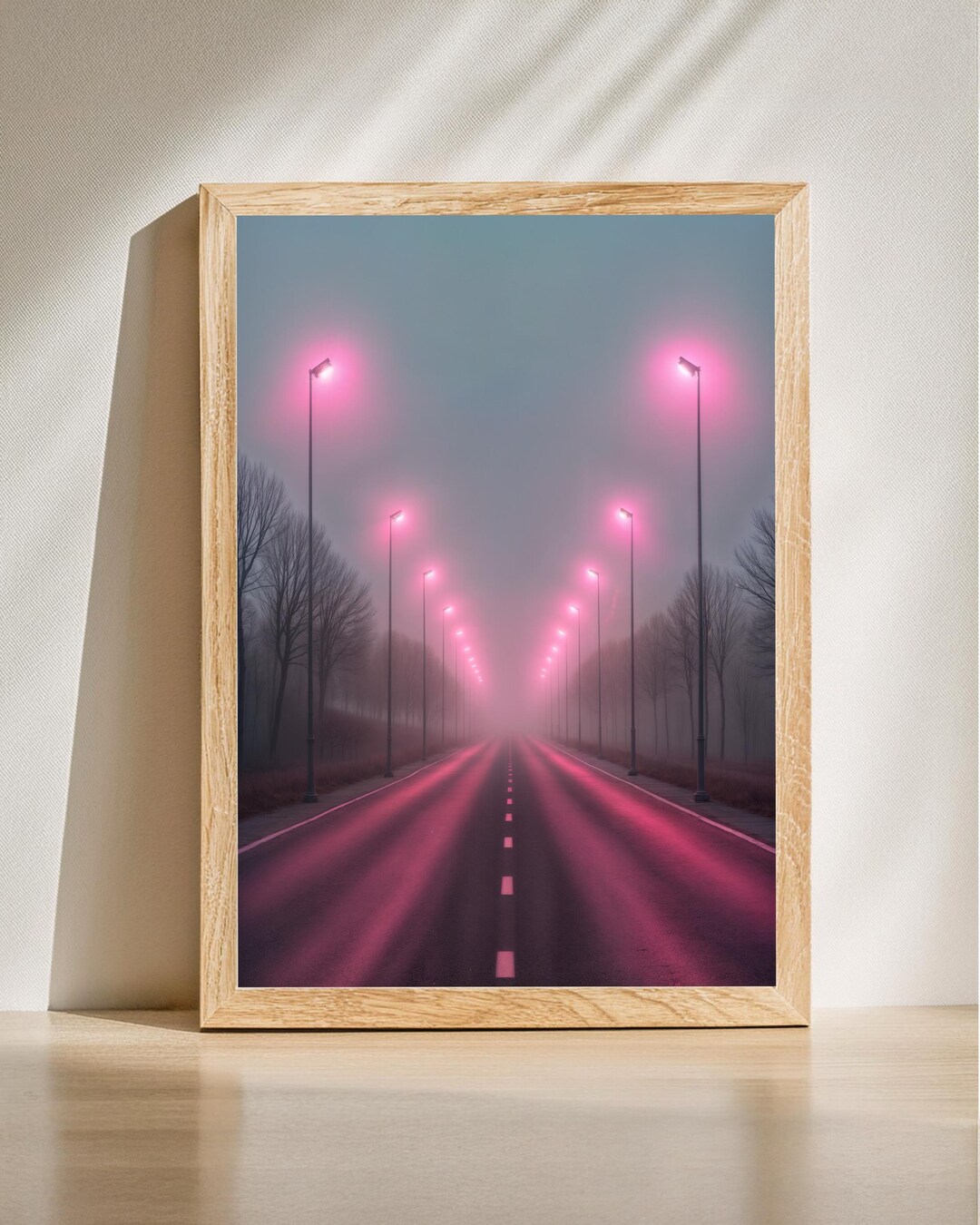 Pink Street Light Poster, Road Wall Art, Dreamy Night Photography ...