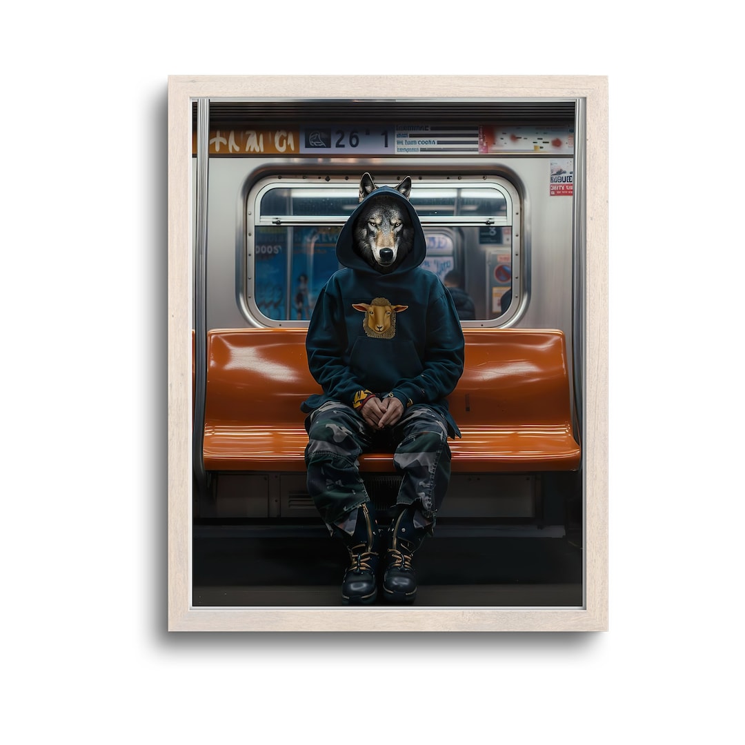 Wolf in NY Subway, Wolf Print, Anthropomorphic Wolf, Wolf Wall Art ...
