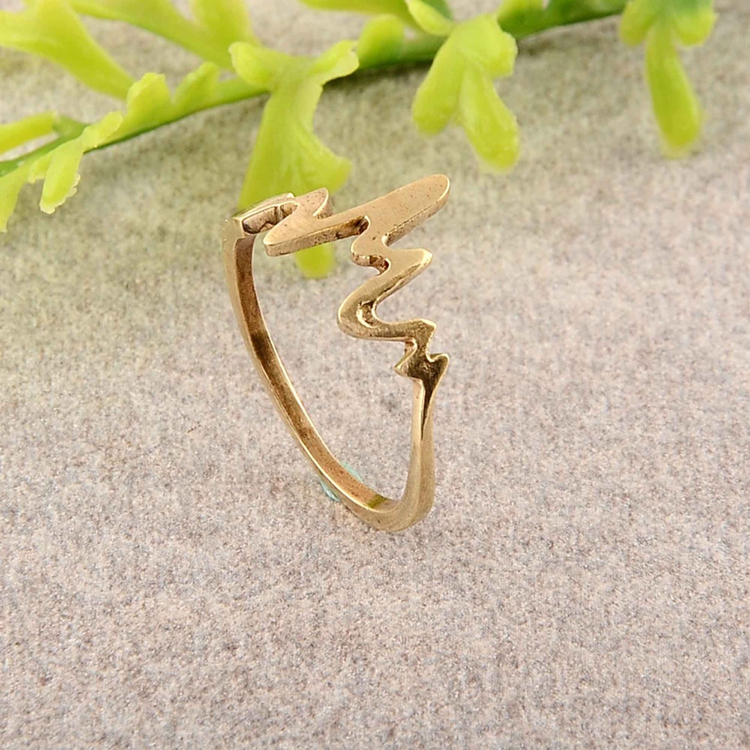 14k Solid Gold Heartbeat Ring, Lifeline Pulse Ring, Minimalist ...