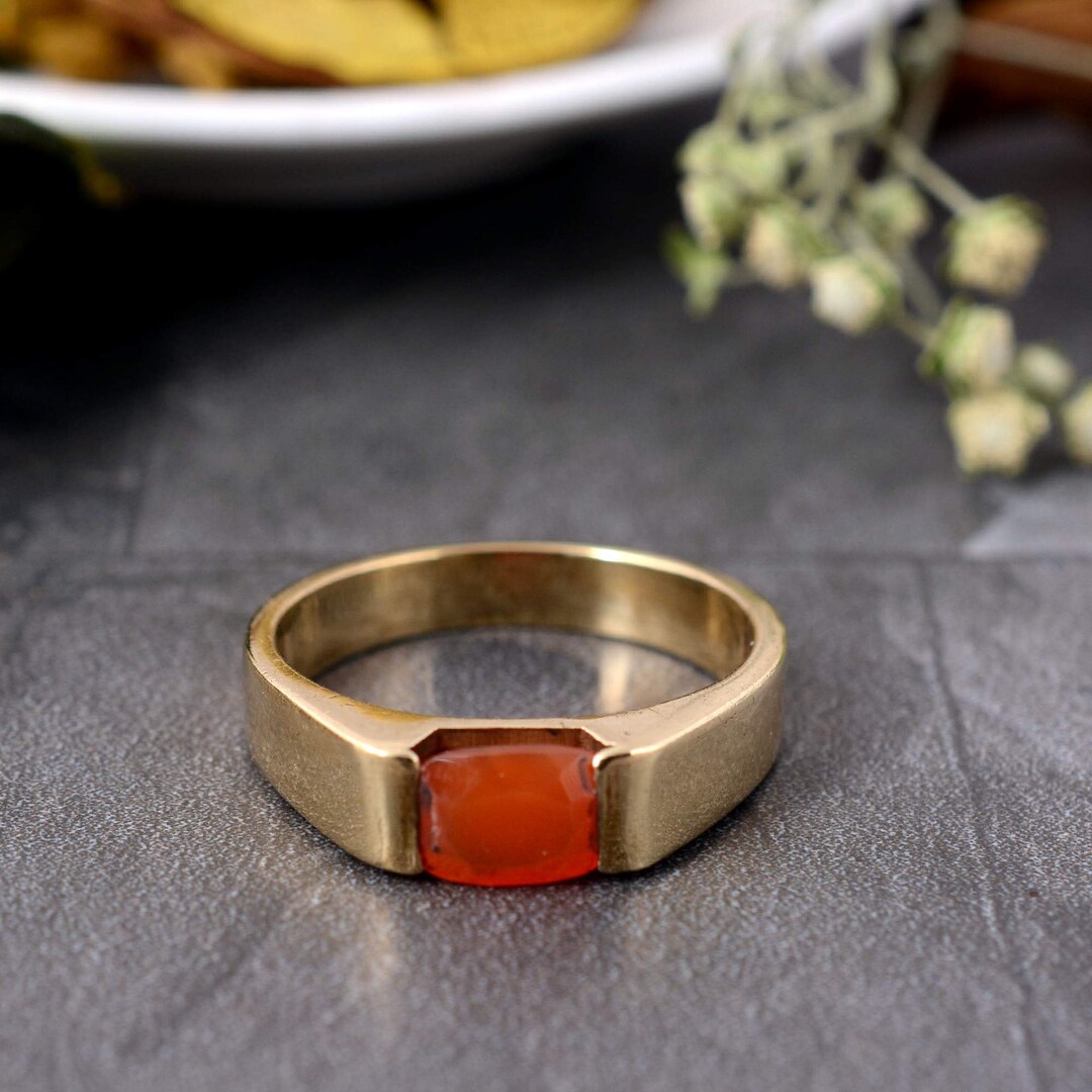 Carnelian Brass Ring for Men, Bold Rectangular Gemstone Ring, Handmade ...