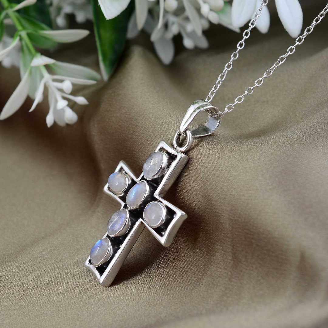 Moonstone Gemstone Handmade Cross Pendant, Natural Moonstone Silver ...