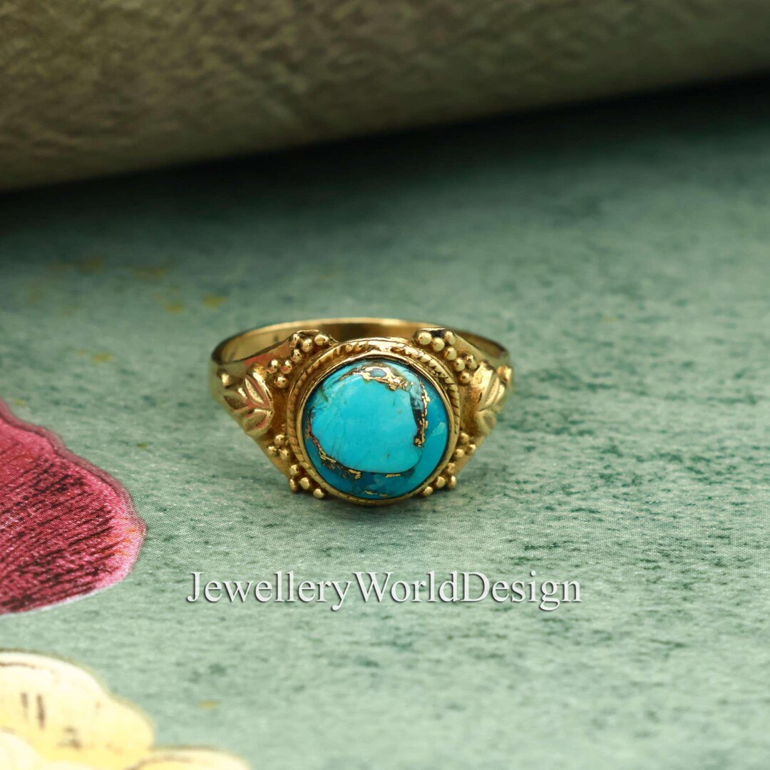 Boho Brass Turquoise Ring: Vintage Leaf Design, Handmade Jewelry - Etsy