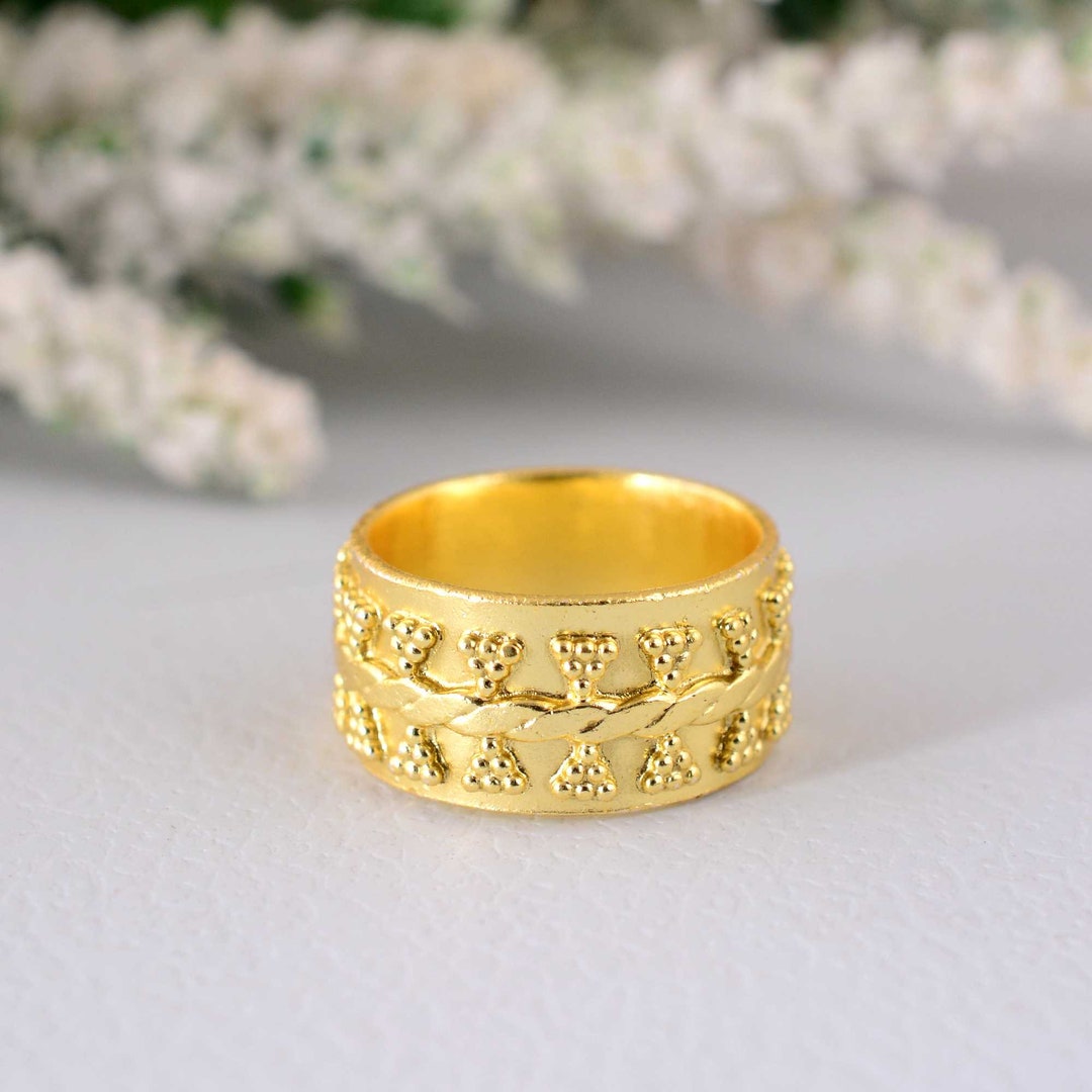 14K Solid Gold Wide Band Ring, Dainty Woman's Ring, Unique Design Band ...