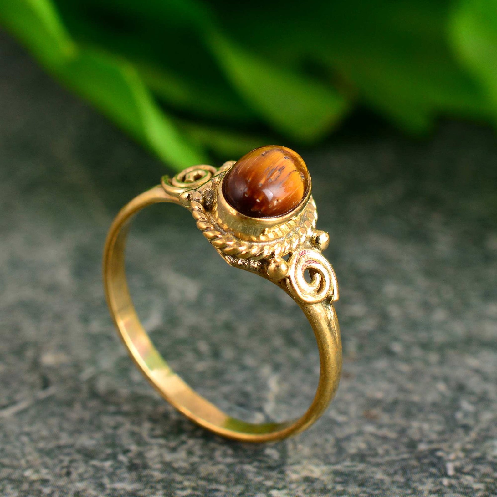 Vintage Tiger Eye Ring, Oval Stone Gold Ring, Boho Statement Ring ...