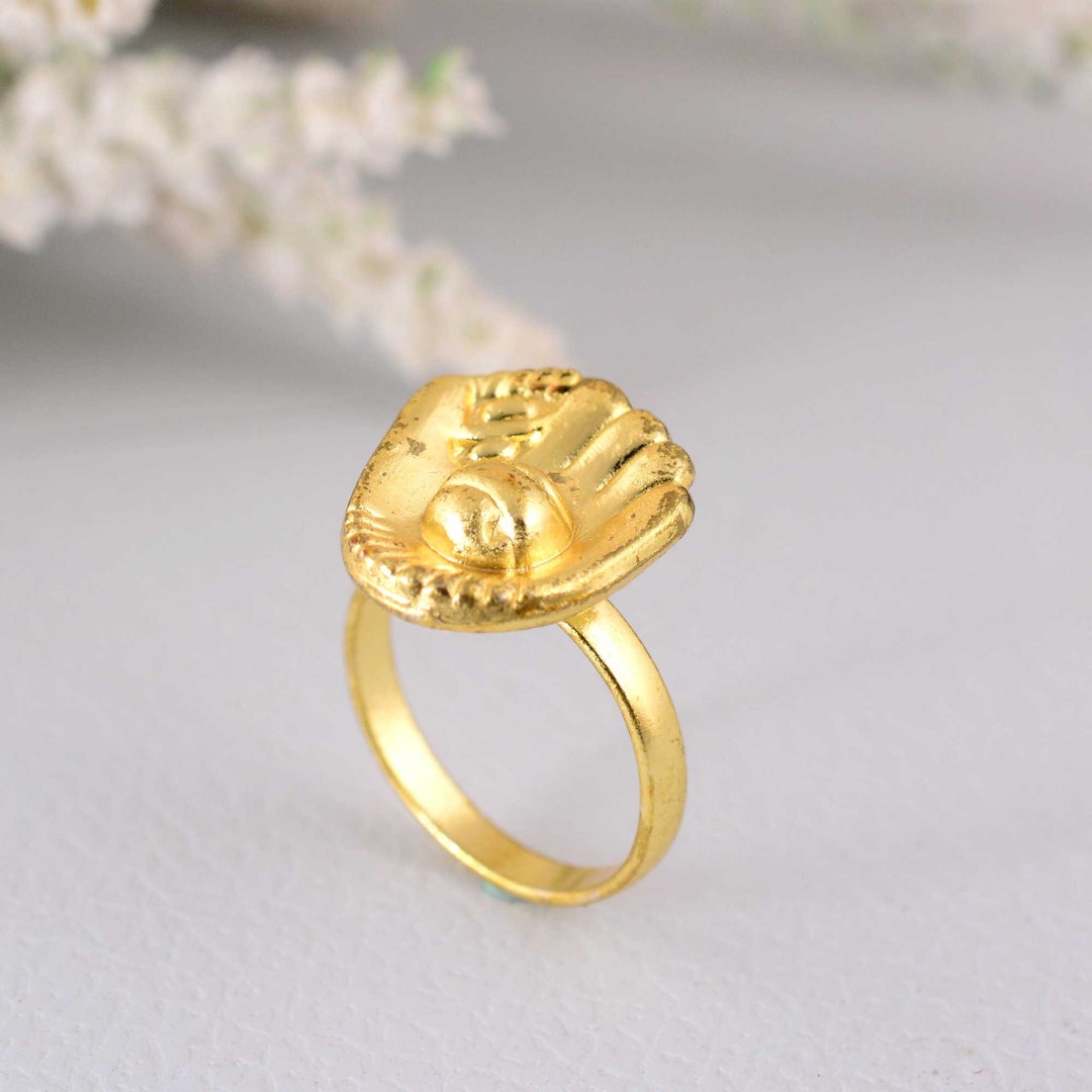 Gold Baseball Softball Gear Charm Ring, 10 Karat Solid Gold Brass Ring ...