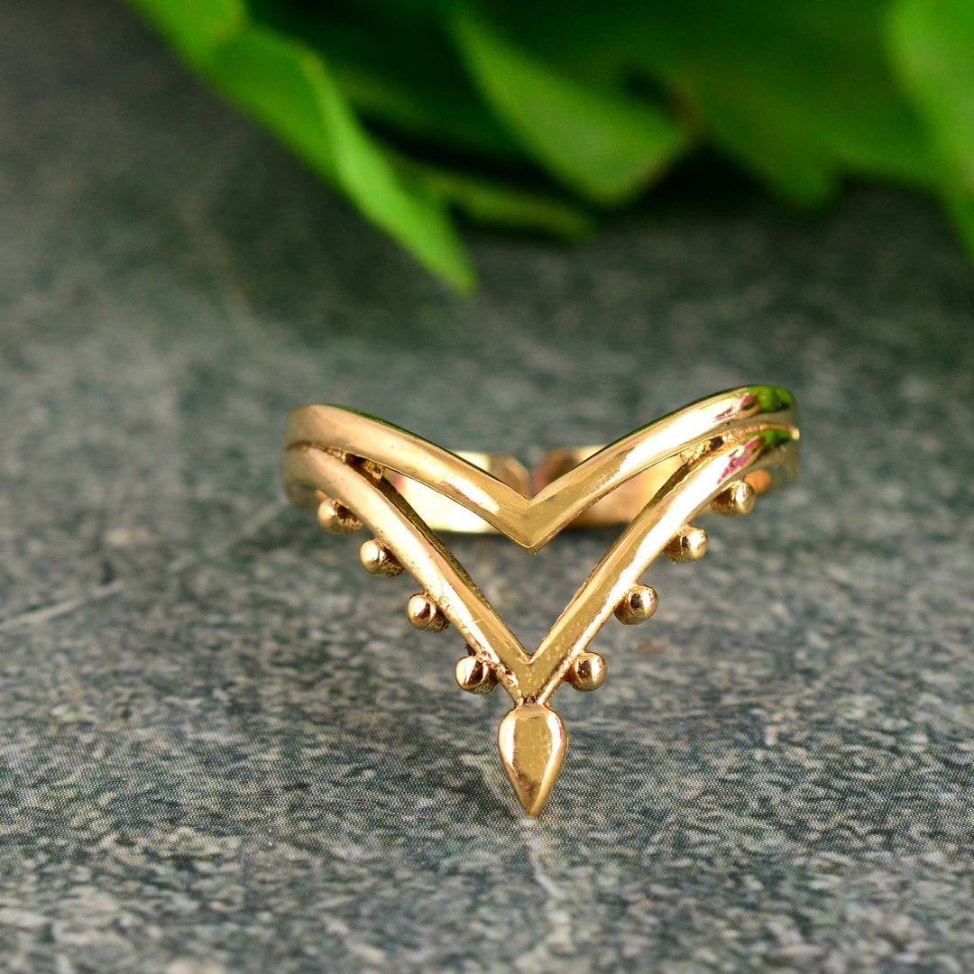 14k Gold Wishbone Ring, Solid Gold Chevron Stacking Ring, Curved ...