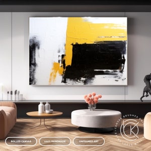 Original Large Square Yellow Canvas Wall Art, Yellow & White Painting ...