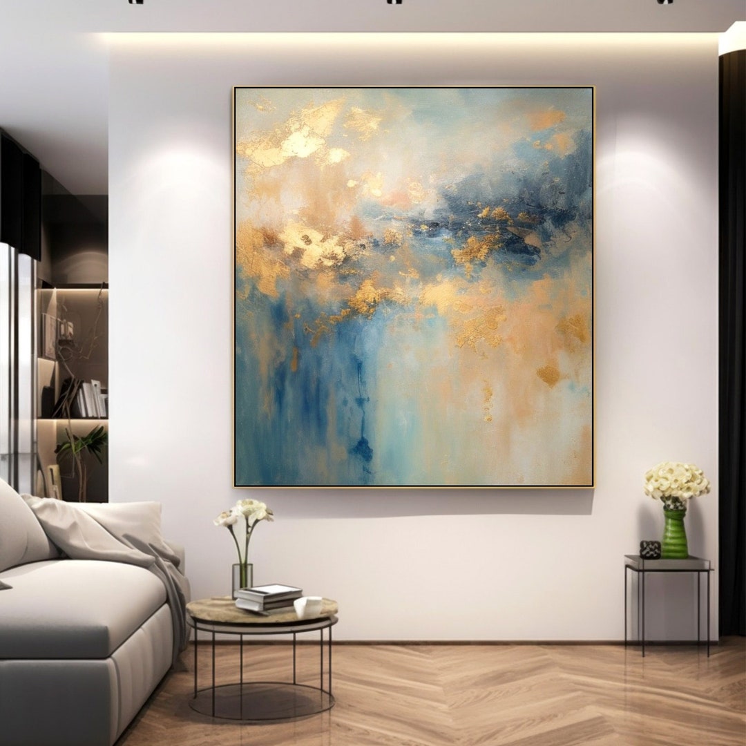 Unique Gold Leaf Abstract Painting With Blue, Original Blue & Gold Textured Canvas Wall Art ...