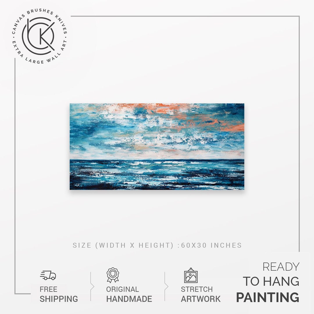 Ocean Wave Abstract Art, Large Blue Seascape Canvas Painting, Modern ...