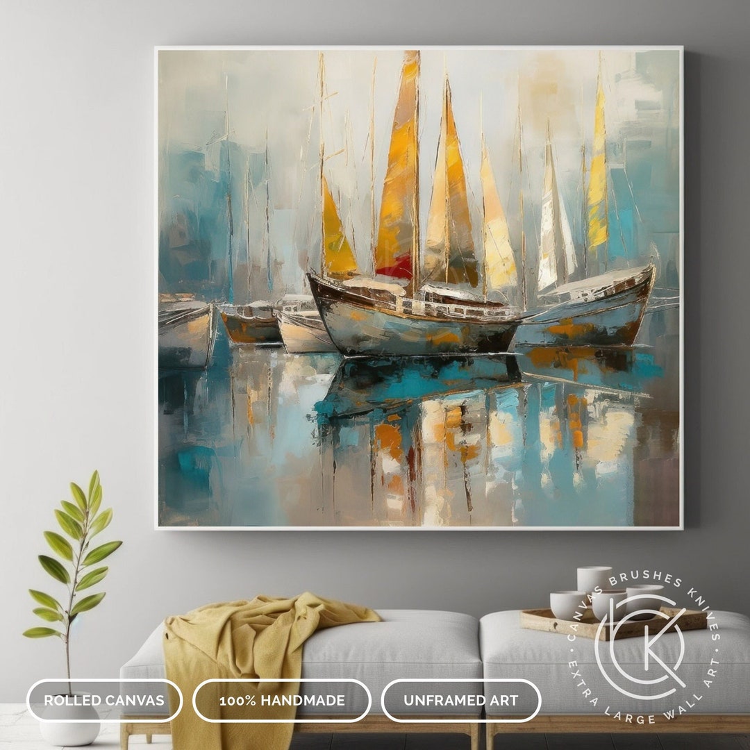Original Sailboats Harbor Landscape Painting Large Abstract Nautical ...