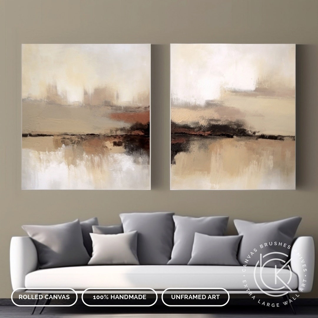 Beige & Brown Abstract Painting, Set of 2, Minimalist Landscape Wall ...