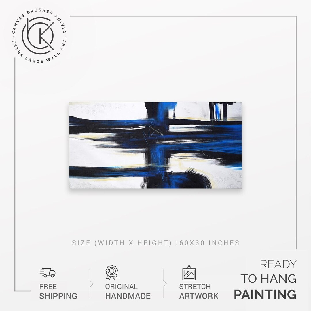 Blue Abstract Art, Modern Geometric Canvas Painting, Large 60x30 Inches ...