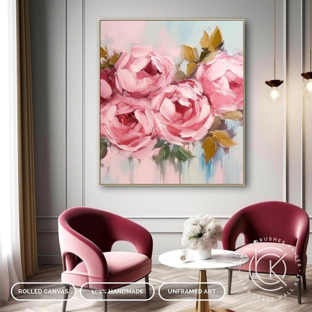 Original Pink Rose Floral Landscape Painting on Canvas, Pink Flower ...
