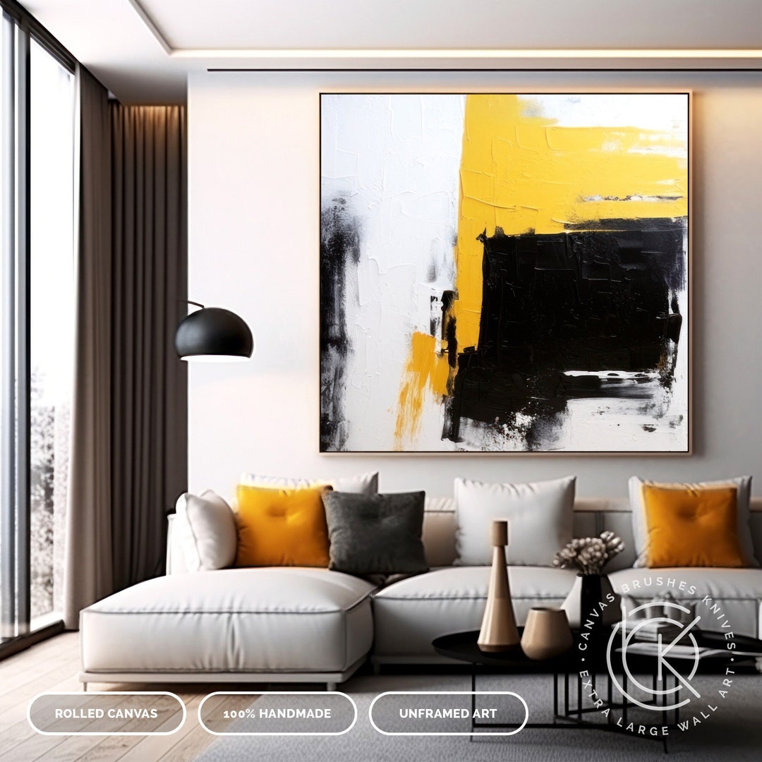 Original Large Square Yellow Canvas Wall Art, Yellow & White Painting ...