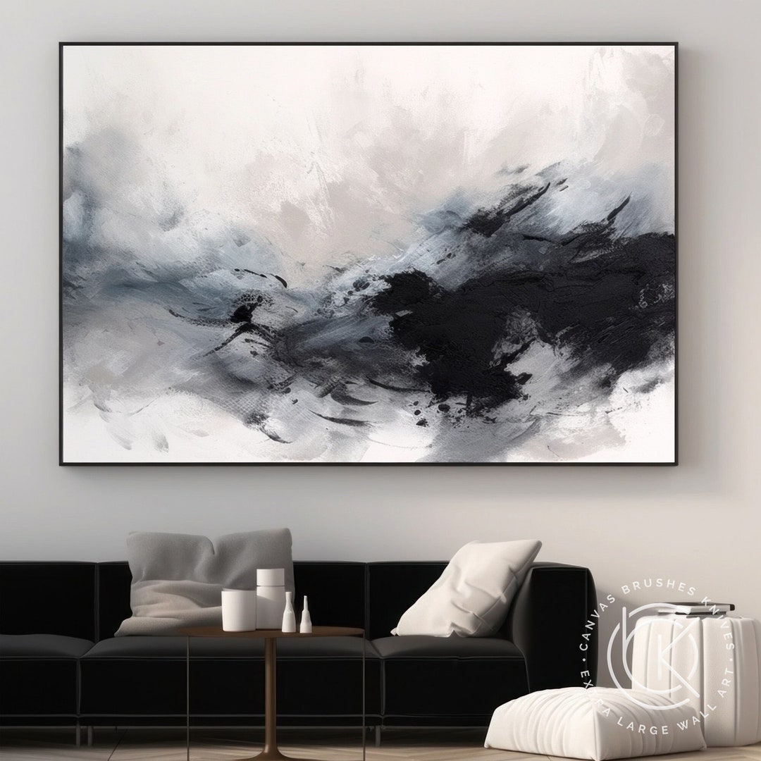 Large Black Abstract Wall Art, Handmade Acrylic Grey Painting, Original ...