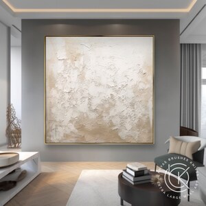 Beige & White Abstract Painting on Canvas, Minimalist White Canvas Wall Art, Large Textured ...