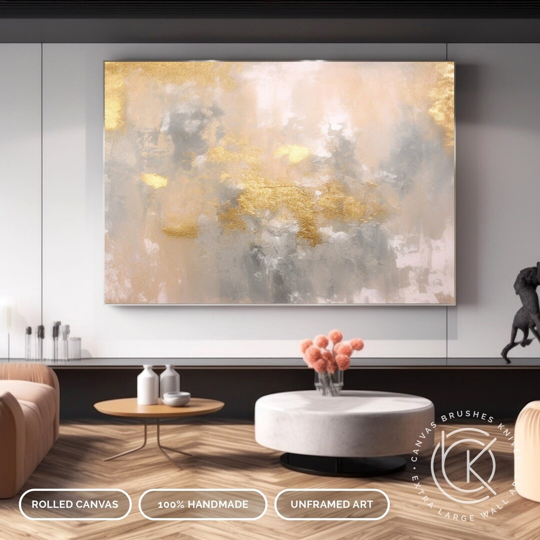 Original Neutral Canvas Wall Art, Modern Oversized Painting Gold Grey ...