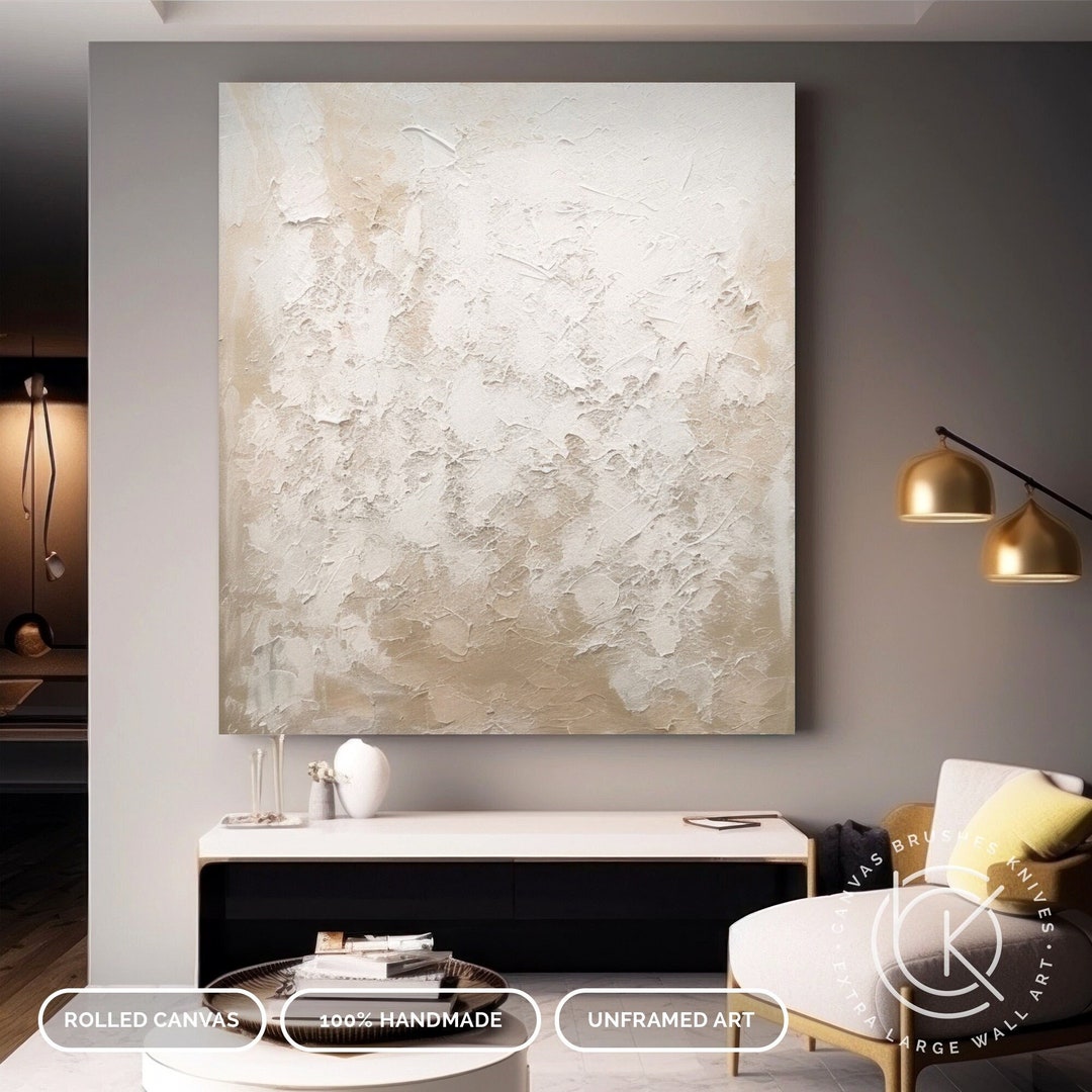Beige & White Abstract Painting on Canvas, Minimalist White Canvas Wall ...