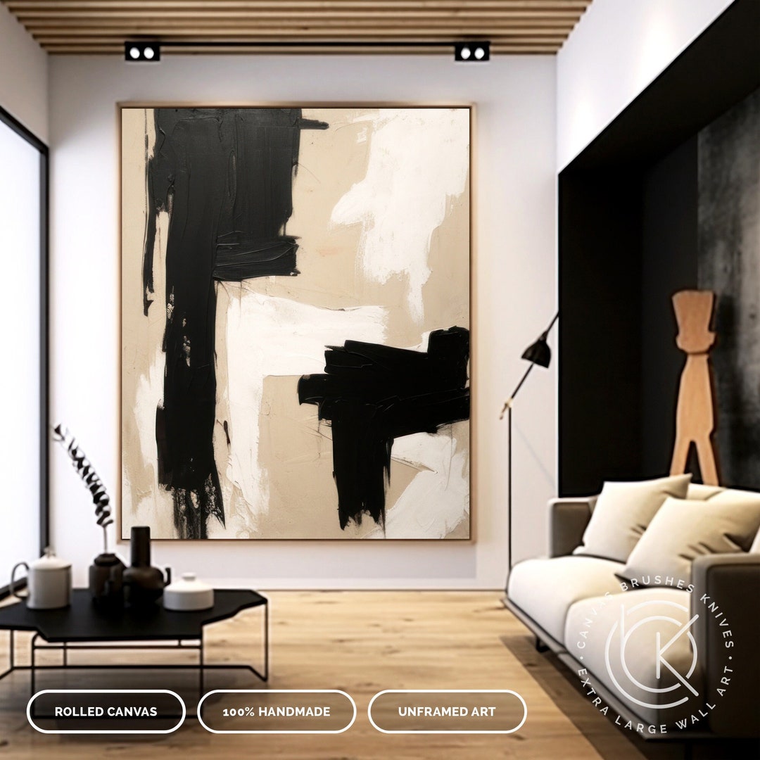 Fancy Minimalist Painting on Canvas, 3D Beige & Black Textured Abstract ...