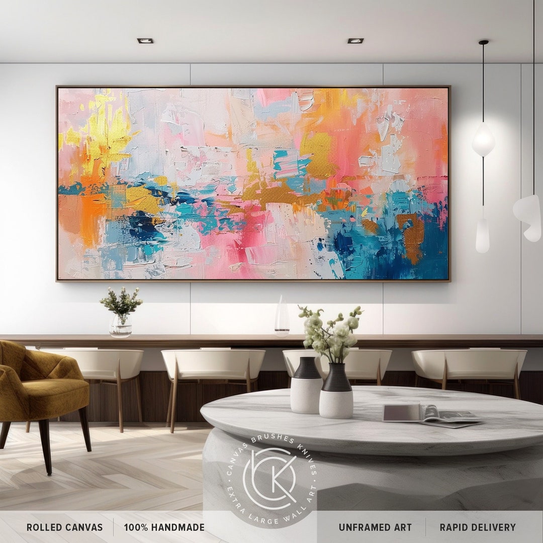 Large Colorful Horizontal Abstract Wall Art, Oversized Pink & Gold ...