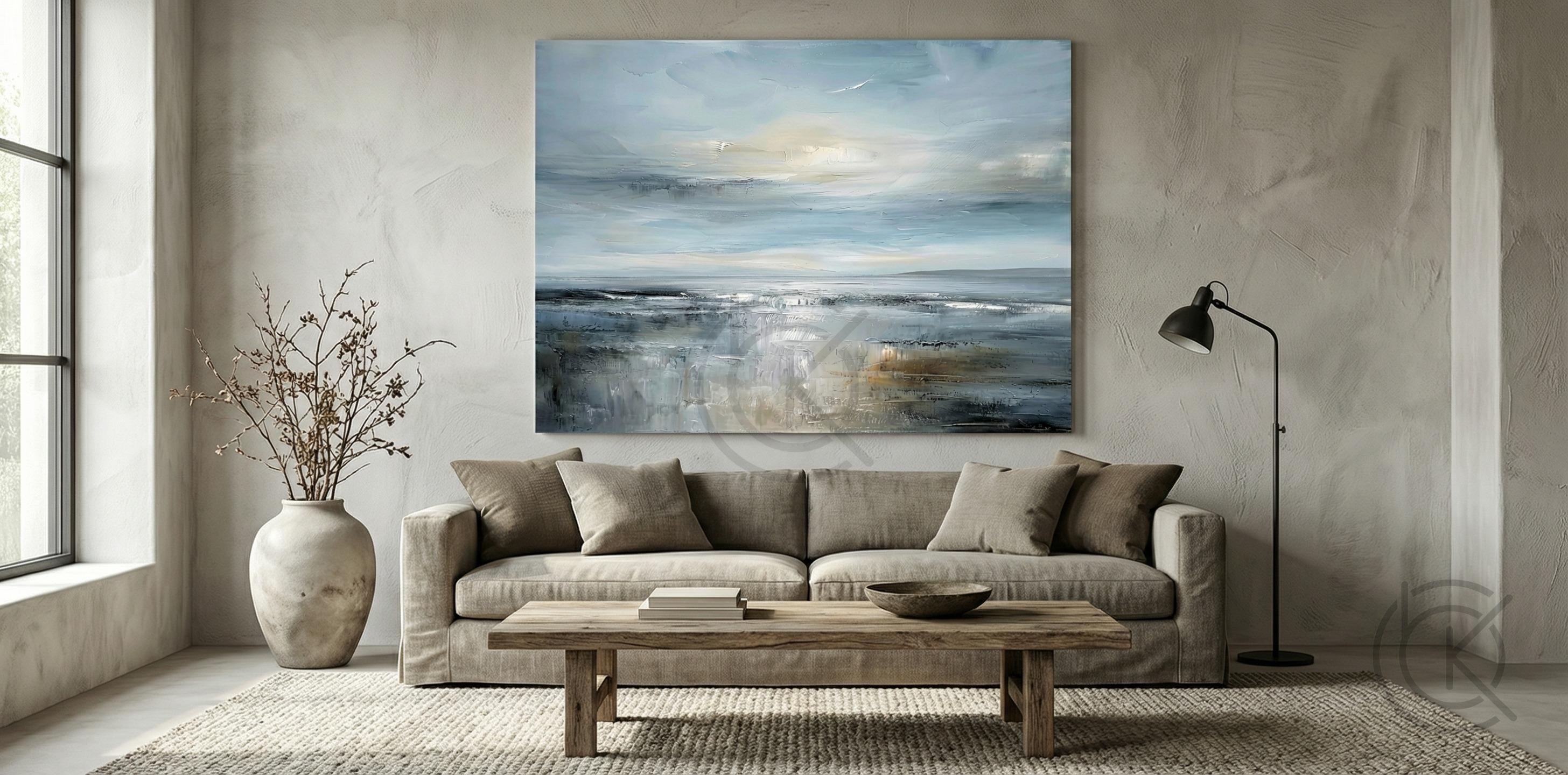 Modern Original Square Ocean Canvas Wall Art, Soft Blue Tones Sea Wall ...