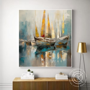 Original Sailboats Harbor Landscape Painting Large Abstract Nautical ...