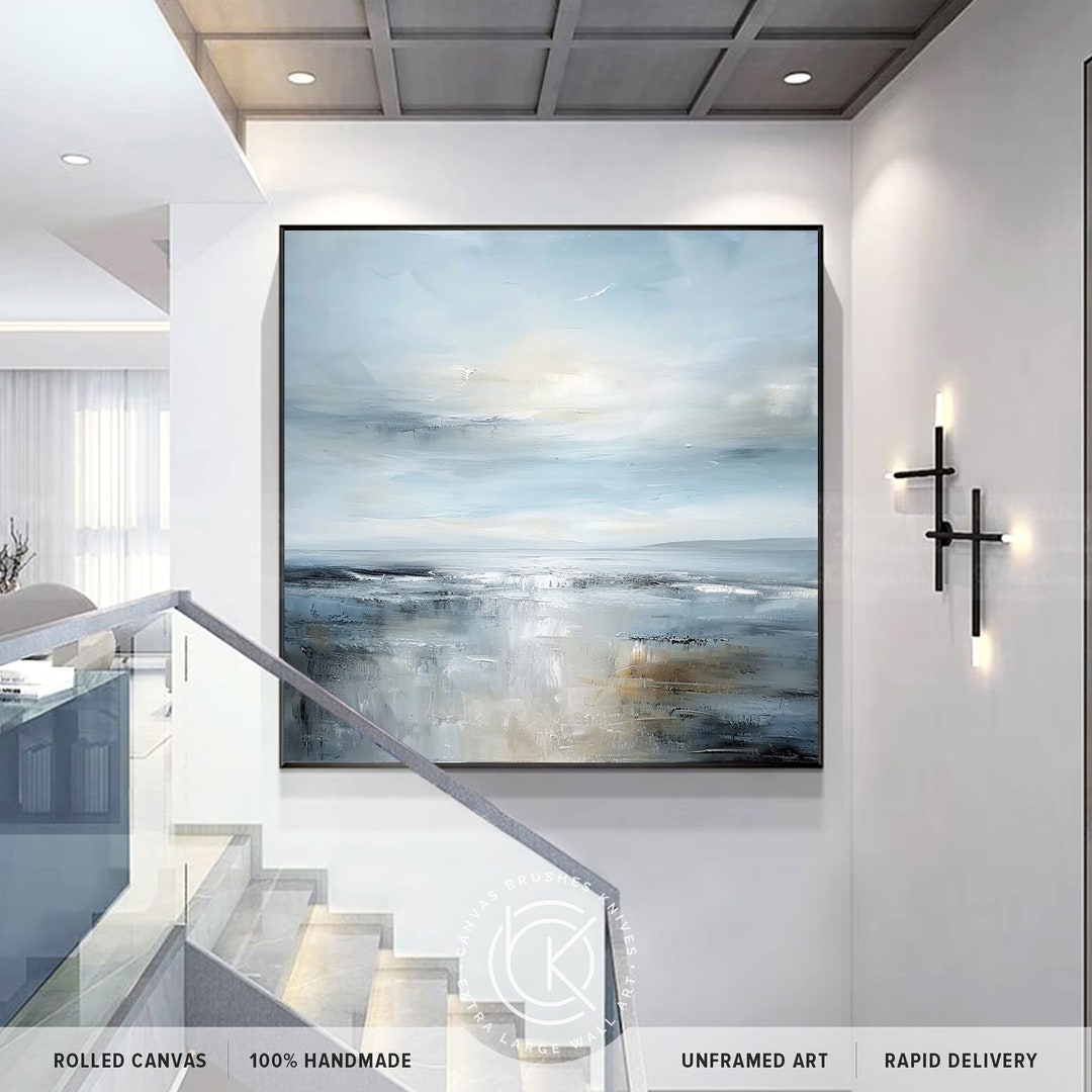 Modern Original Square Ocean Canvas Wall Art, Soft Blue Tones Sea Wall ...