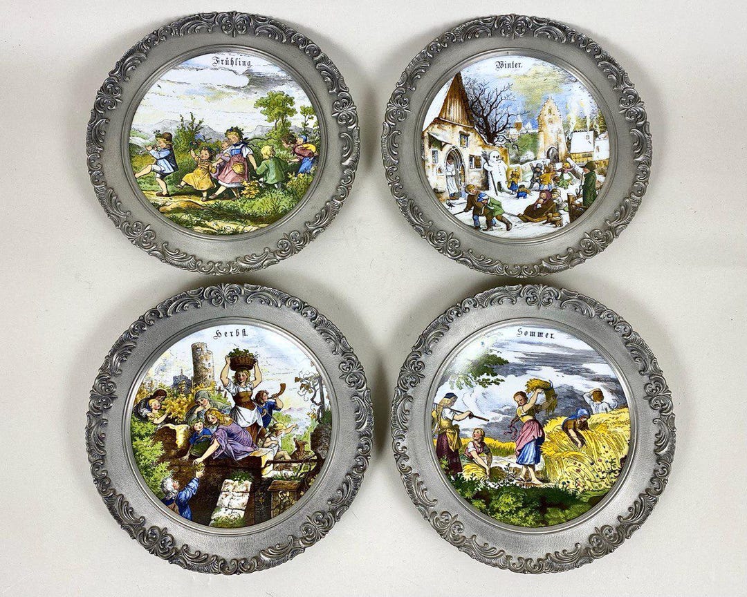 Vintage Seltmann Weiden Bavaria Pewter Framed Porcelain Wall Plates ...