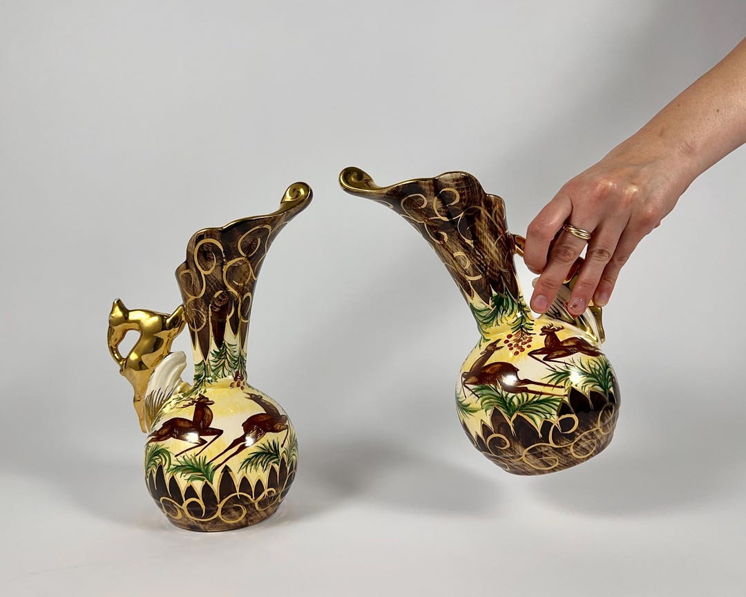 Vintage Hubert Bequet Deer Ewer Vases: Mid-century Hand-painted Belgium ...