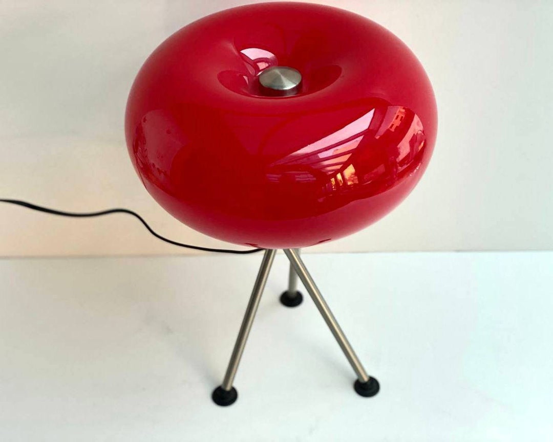 Vintage Red Table Lamp Chromed Metal Tripod Base and Glass Plafond ...