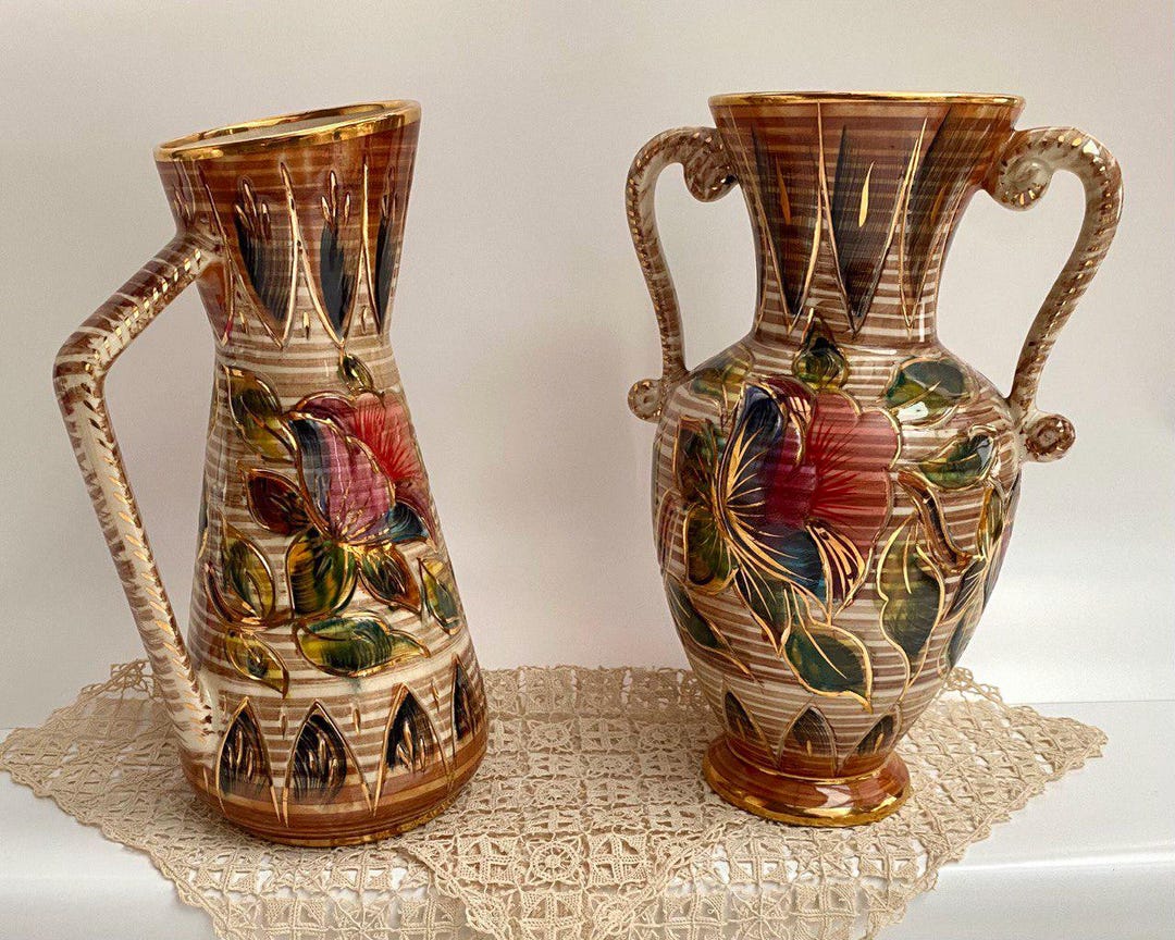 Vintage H. Bequet Vases Set: Hand-painted Floral Belgian Pottery - Etsy