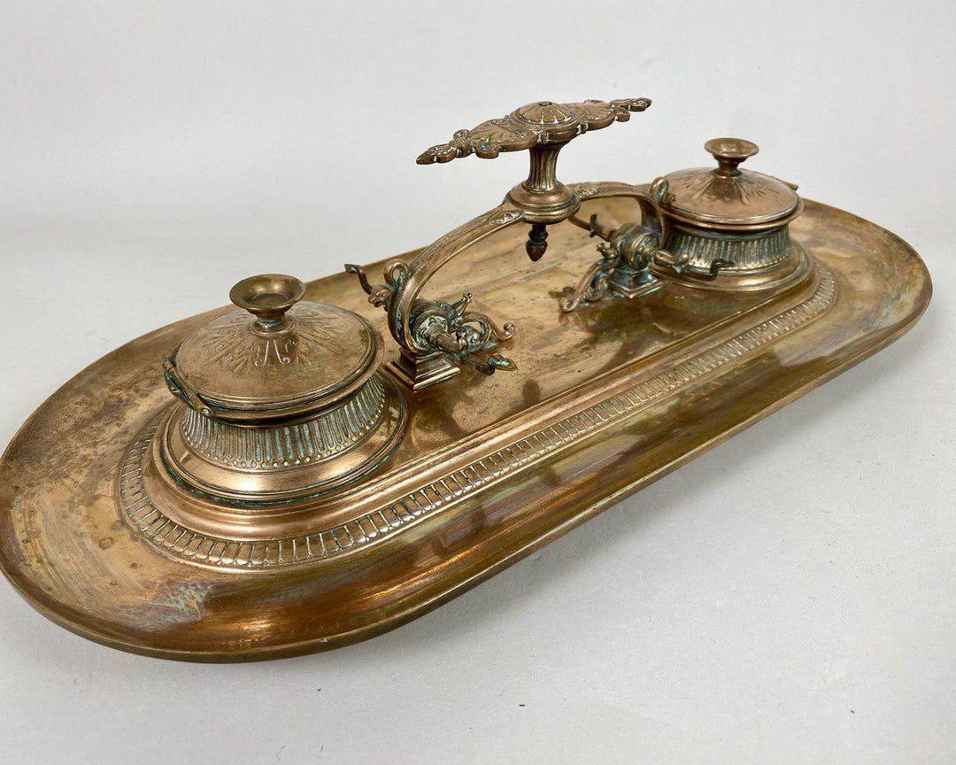 Antique Bronze Pen Tray & Double Inkwell Desk Set 19 Century French ...