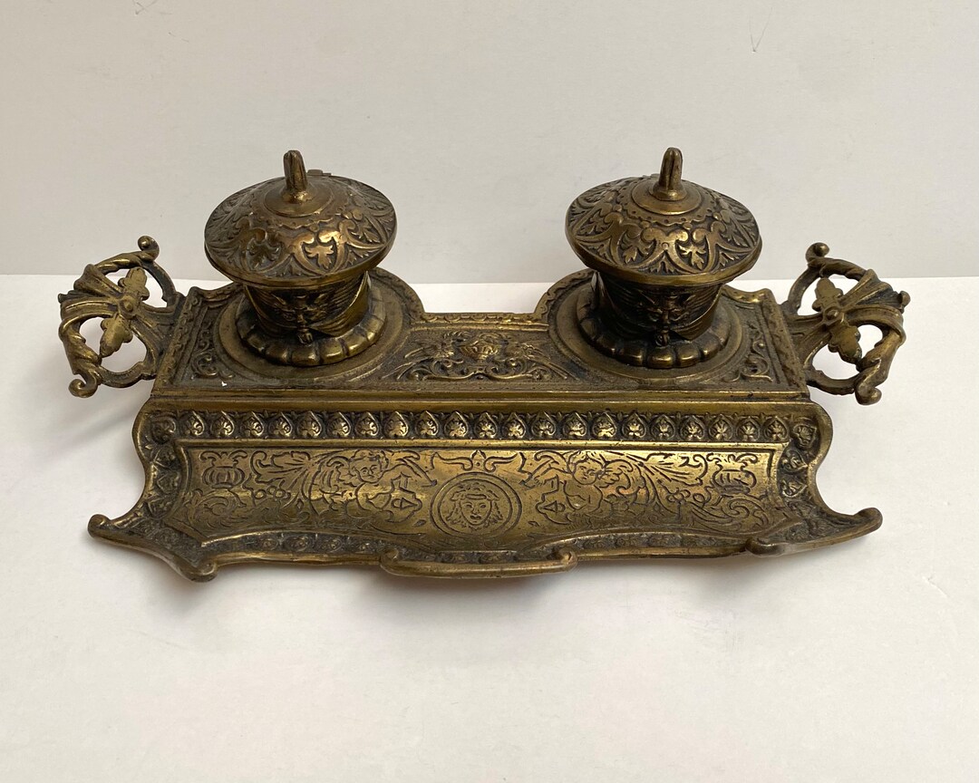 Unique Antique Cast Brass Double Inkwell From France Early 1900s ...