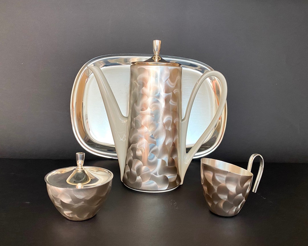 Vintage Metal Coffee Tea Set Porcelain Teapot, Creamer, Sugar Bowl ...