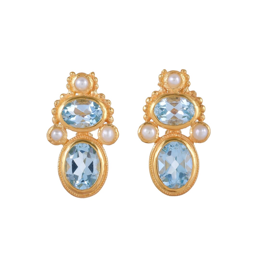 Blue Topaz & Pearl Vermeil 14K Gold Over Sterling Silver Earring - Etsy