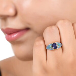 Blue Sapphire 14K Gold Vermeil Over Sterling Silver Enameled Art Deco ...
