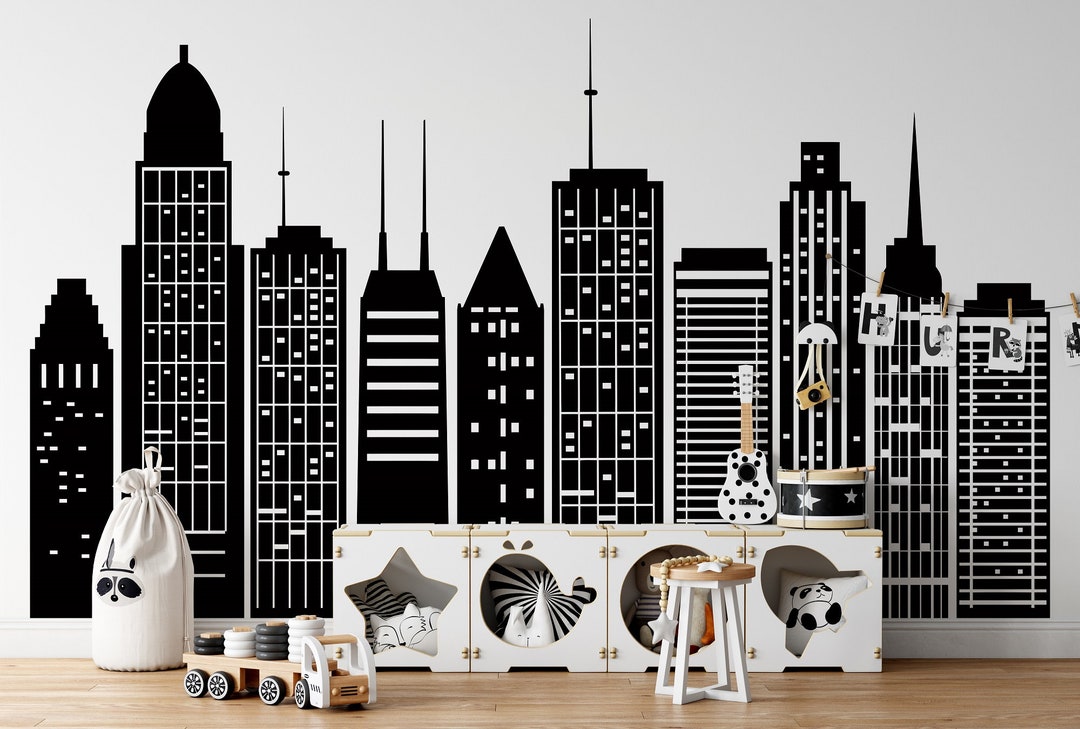 Cityscape Wall Decal: Superhero Room Decor, Removable Skyline Stickers ...