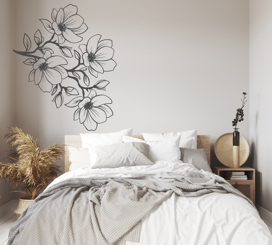 Floral Corner Wall Decal: Modern Flower Outline Sticker, Cherry Blossom ...