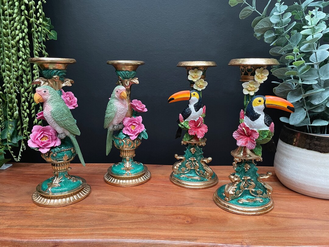 Exquisite Hand Painted Parrots or Toucans Large Candle Holder Plinths ...