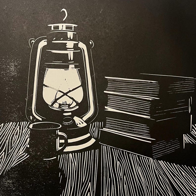The Lantern Linocut. Handprinted Books and Hurricane Paraffin Lamp. You ...