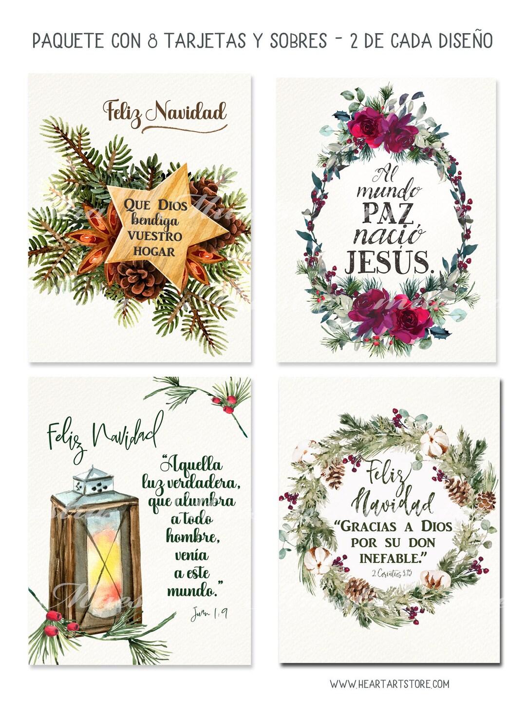 Paquete De 8 Tarjetas De Navidad Set of 8 Christmas Cards in Spanish ...