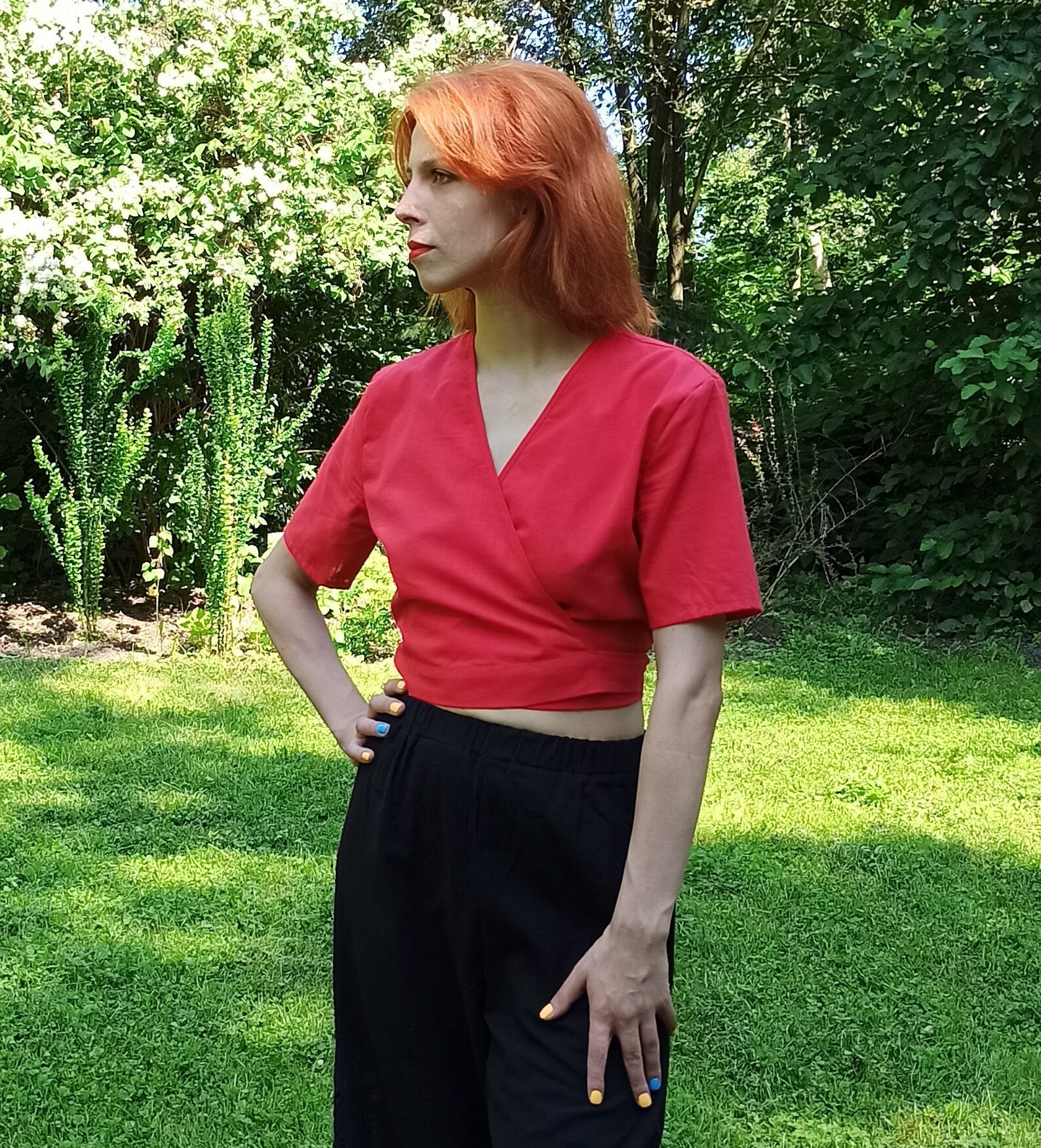 Crop Wrap Top Linen Red, Deep V Linen Top, Short Sleeves Crop Top ...