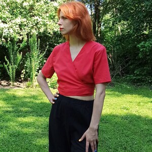 Crop Wrap Top Linen Red, Deep V Linen Top, Short Sleeves Crop Top ...