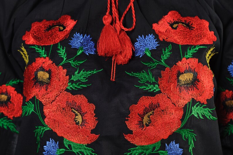 Batiste Embroidered Blouse "poppy Flowers" Black: Traditional ...