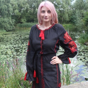 Linen Cutwork Embroidered Mini Dress wonderflower Black, Red Embroidery ...